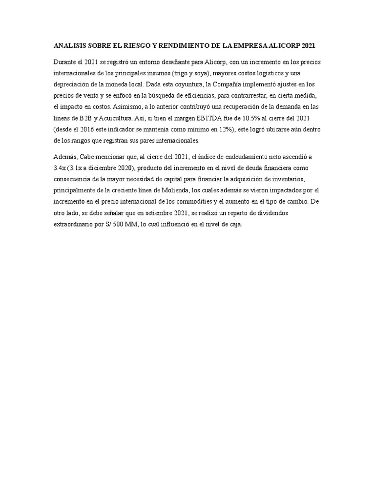 Analisis Sobre El Riesgo y Rendimiento de La Empresa Alicorp 2021 | PDF