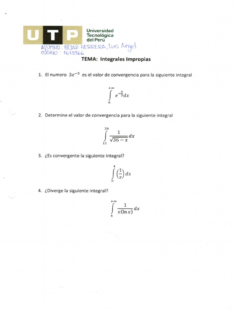 Solucion de Ejercicios de Integrales Impropias | PDF