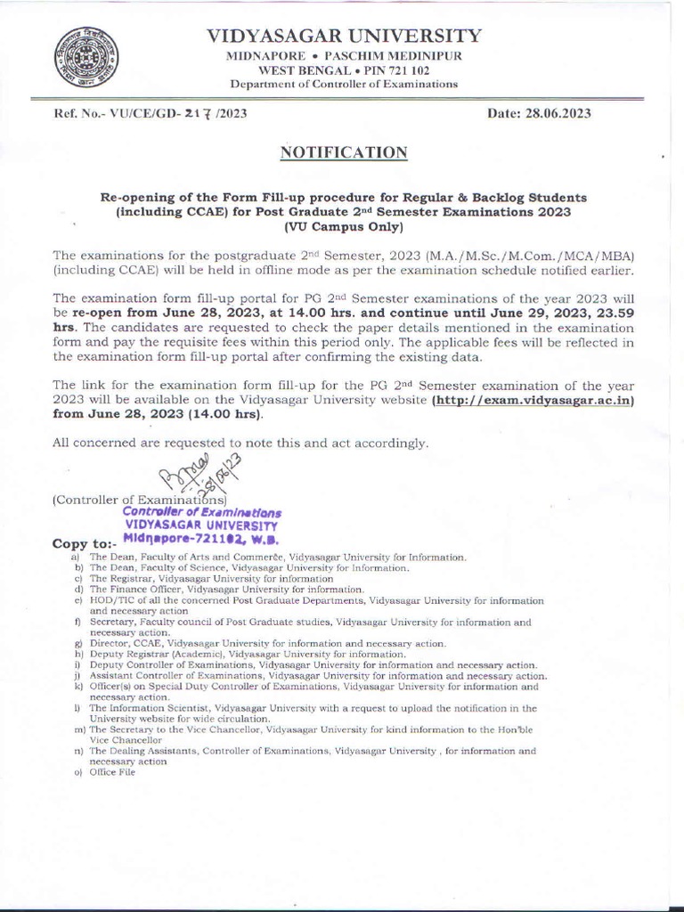 Re-Opening of The Form Fill-Up Procedure For Regular & Backlog Students (Including CCAE) For ...