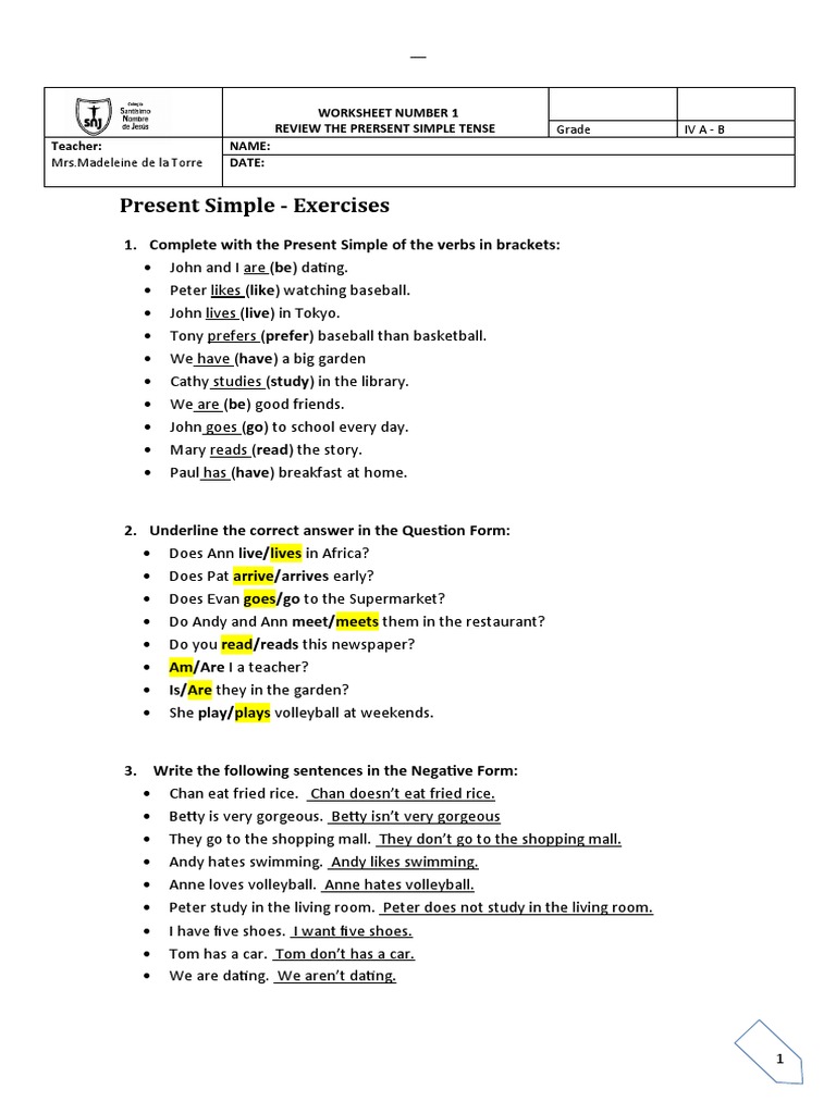 Present Simple Tense Worksheet | PDF | Linguistics