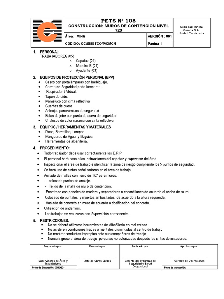 PETS #108 CONSTRUCCION DE MURO DE CONTENCION .NV 720 | PDF | Materiales | Ingeniería de Edificación