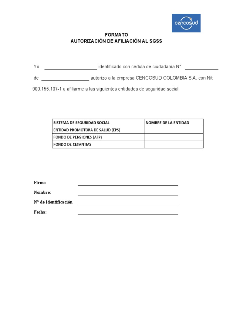 Formato Autorización de Afiliación Al SGSS | PDF