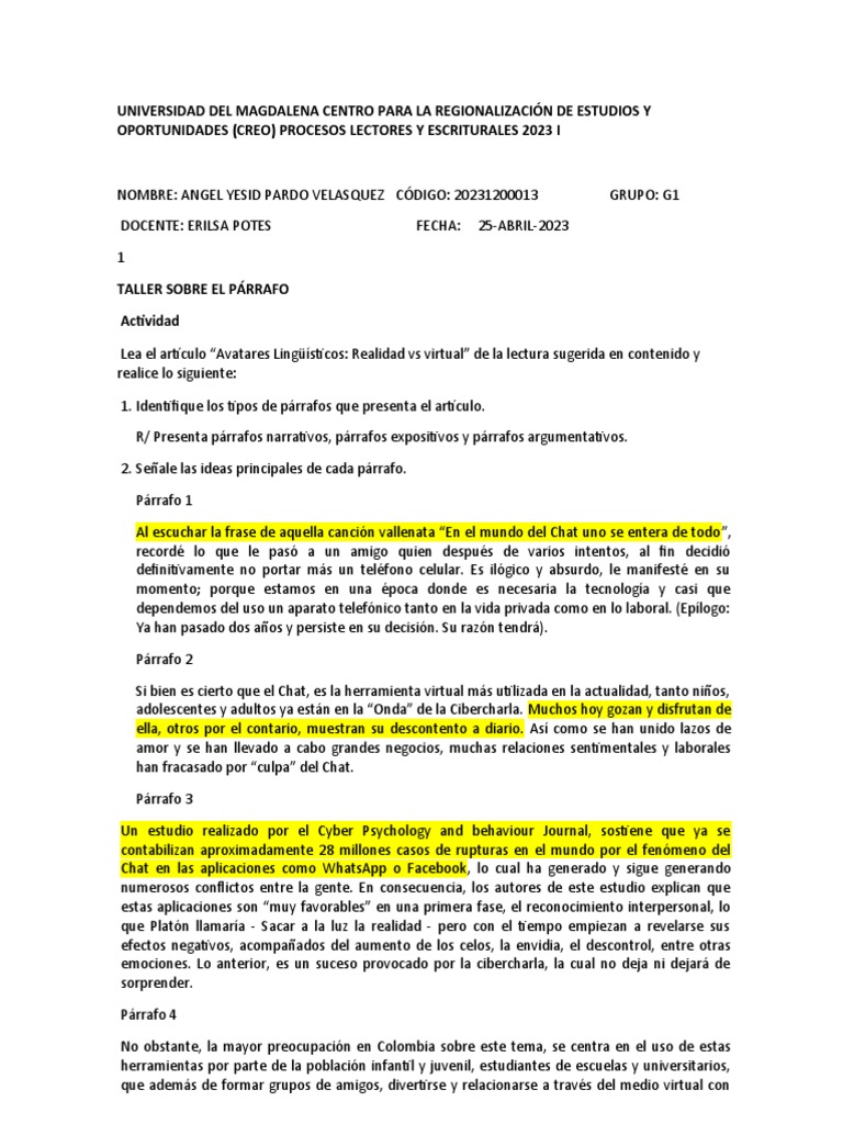 Actividad Del Párrafo 2023 Resuelto | PDF | Chat en linea | Comunicación