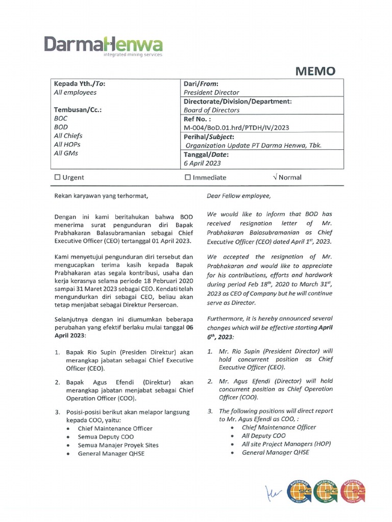 M-004 - Organization Update PT Darma Henwa TBK (06 April 2023) - Signed | PDF