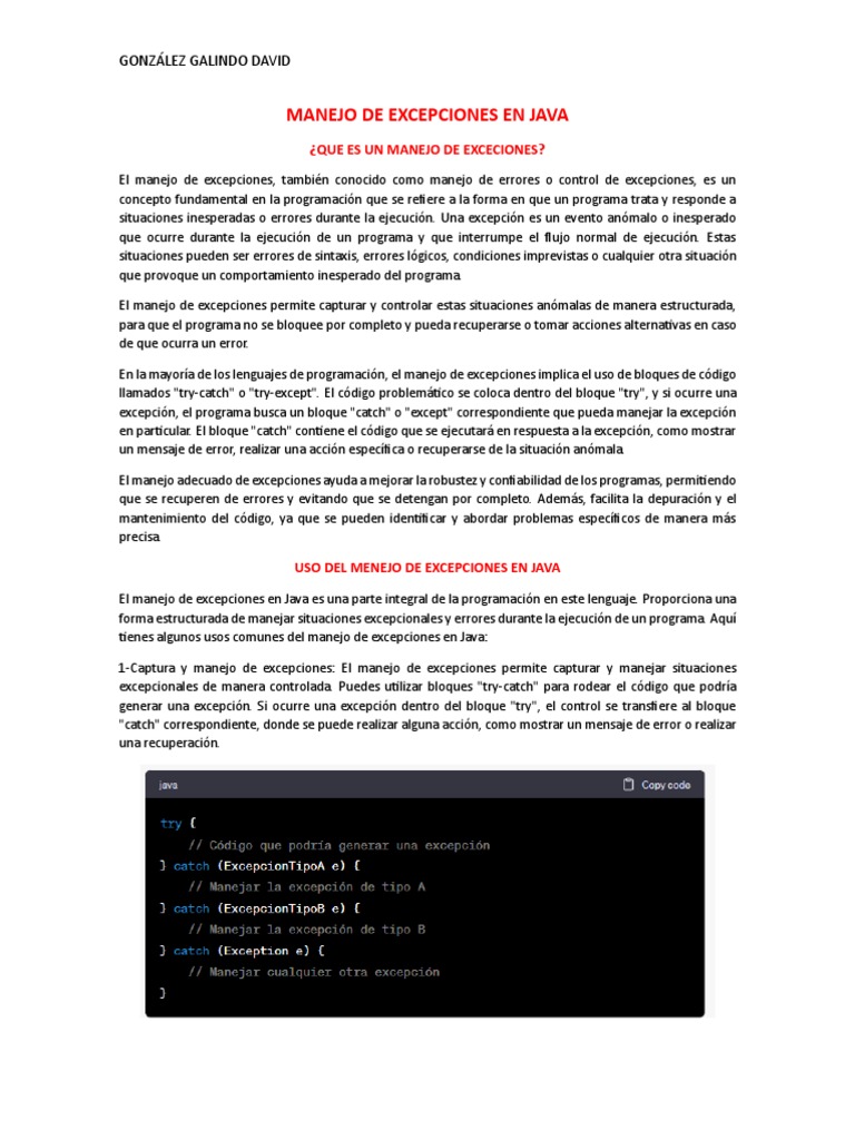 Manejo de Excepciones en Java | PDF | Java (lenguaje de programación) | Gestión de tecnología de ...