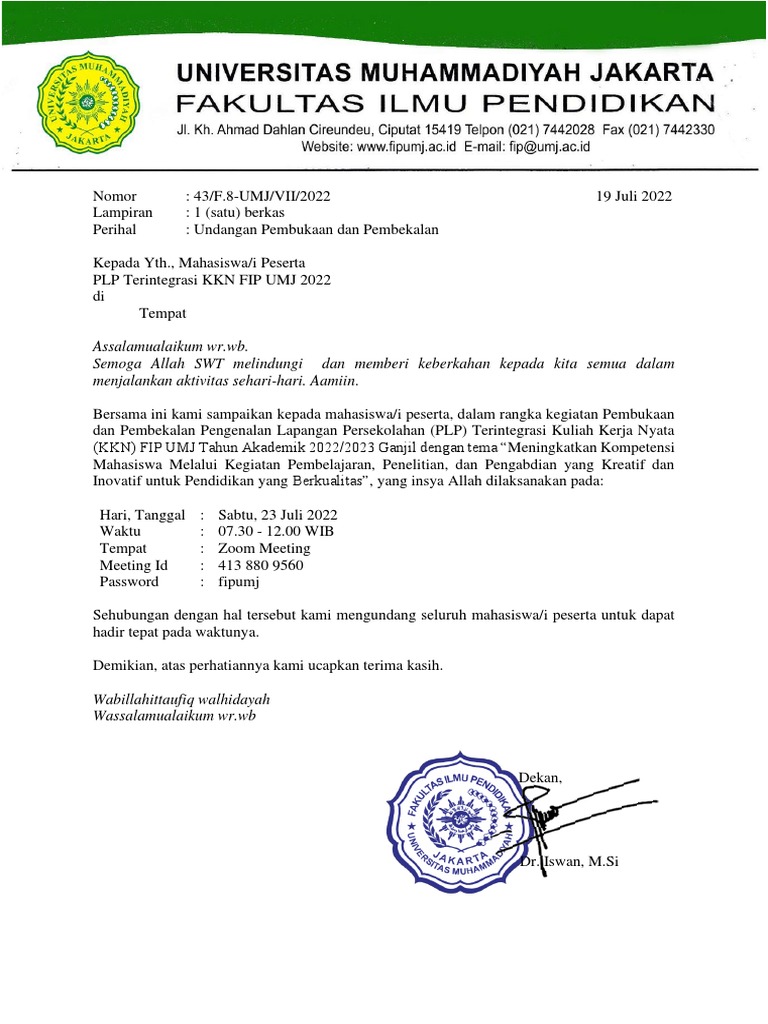 Mahasiswa - Undangan Pembekalan PLP KKN 2022 2023 | PDF