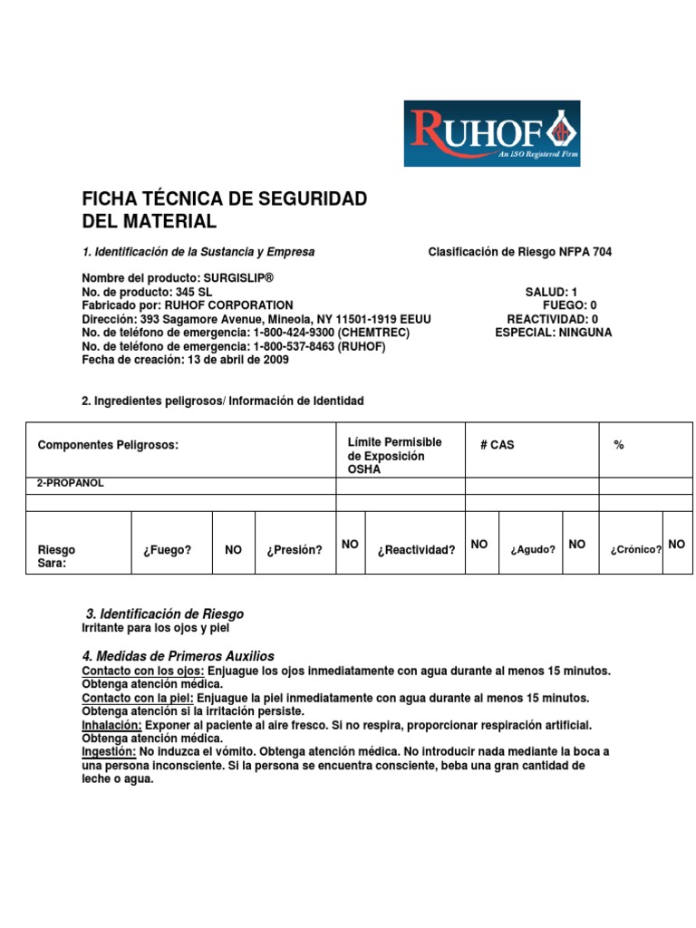 SURGISLIP Ficha Technica de Seguridad | PDF | Agua | Mercurio (Elemento)