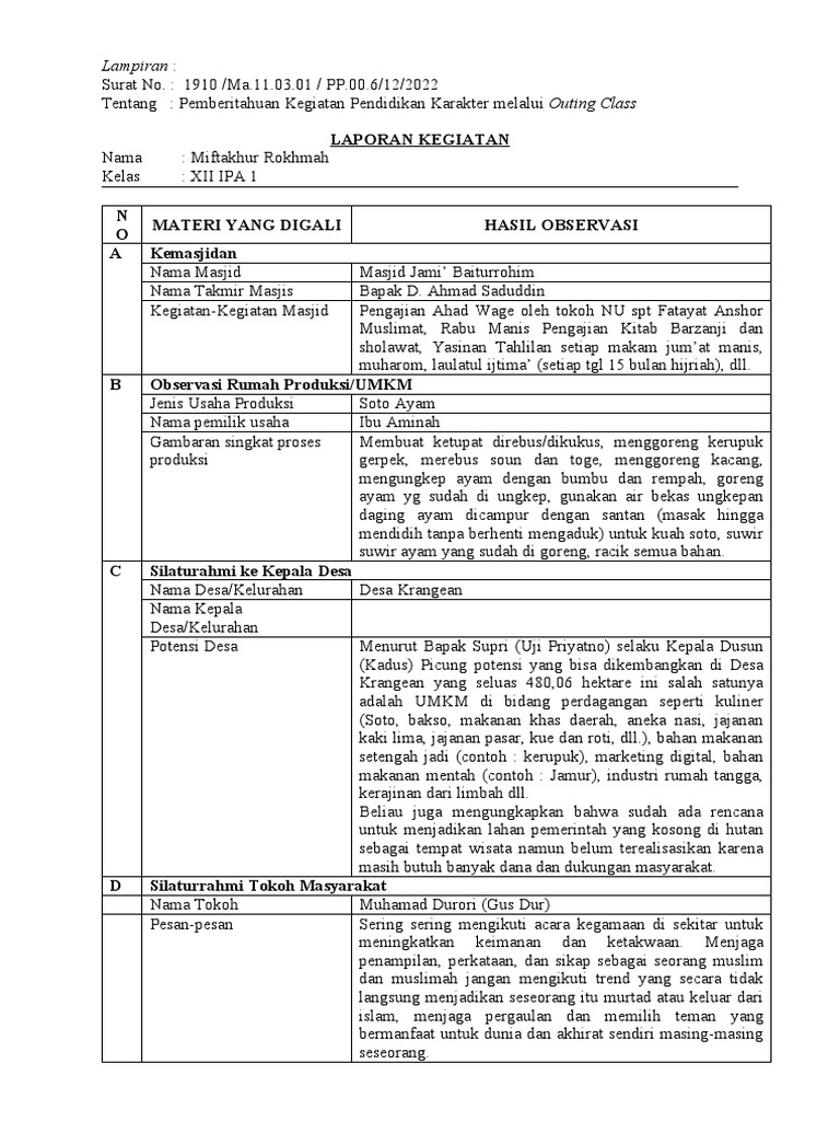 Laporan Observasi Outing Class | PDF