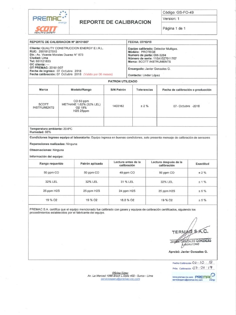 Certificado de Calibracion de Detector de Gas 2018 | PDF