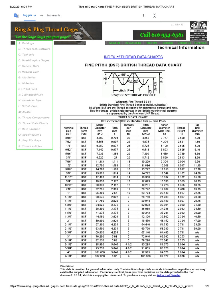 TABEL - Thread Data Charts-FINE PITCH (BSF) BRITISH THREAD DATA CHART | PDF | Manufactured Goods ...