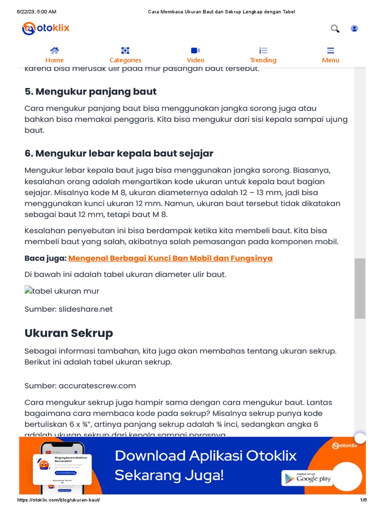 Cara Membaca Ukuran Baut Dan Sekrup Lengkap Dengan Tabel | PDF