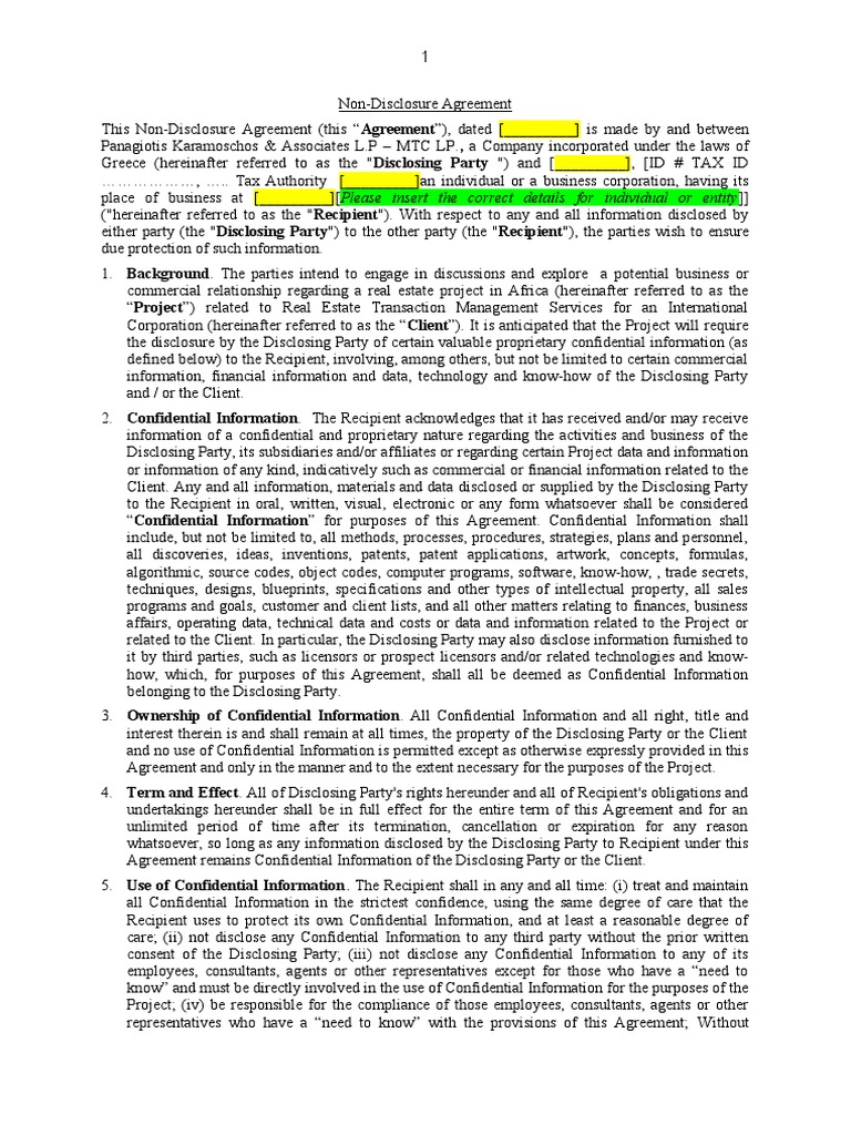 NDA Draft Clean | PDF | Non Disclosure Agreement | Legal Remedy