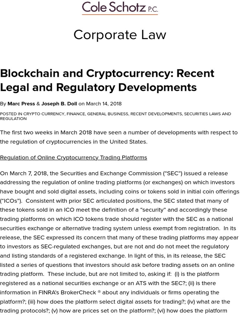 Blockchain and Cryptocurrency: Recent Legal and Regulatory Developments ... Blockchain and Cryptocurrency: Recent Legal and Regulatory Developments ...