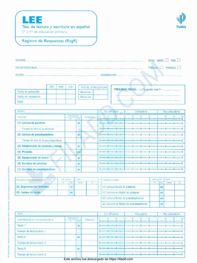 Registro de Respuestas Test LEE Color 1 | PDF