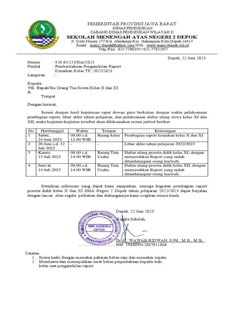 Surat Pemberitahuan Kegiatan Pembagian Raport, Libur Dan Daftar Ulang ... Surat Pemberitahuan Kegiatan Pembagian Raport, Libur Dan Daftar Ulang ...