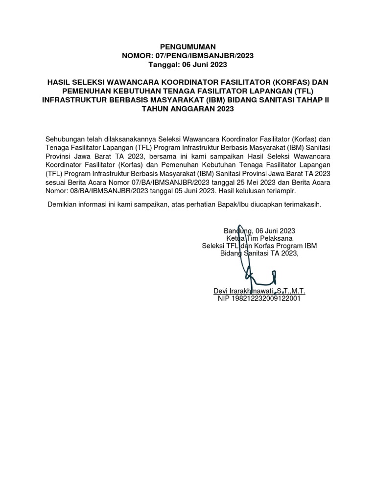 Pengumuman Hasil Rekrutmen Gelombang Ii Tenaga Fasilitator Lapangan Dan Korfas | PDF