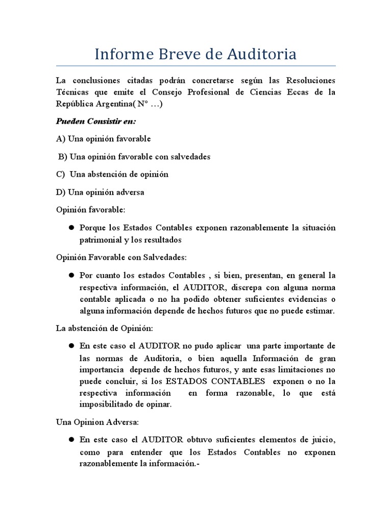 Informe Breve de Auditoria | PDF | Auditoría | Contabilidad