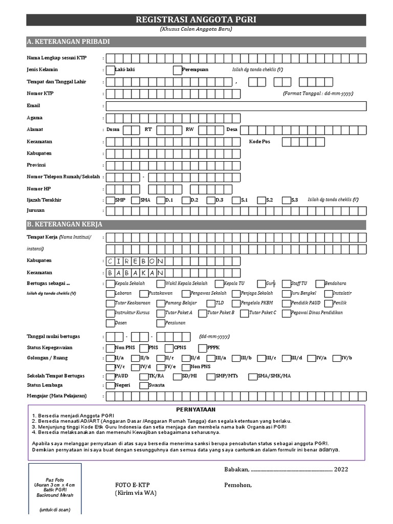 Formulir Registrasi Anggota PGRI | PDF