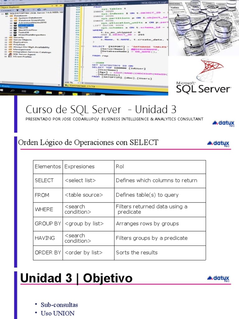 SQL Server: Orden de Operaciones y Subconsultas | PDF | Datos | Software de la aplicacion