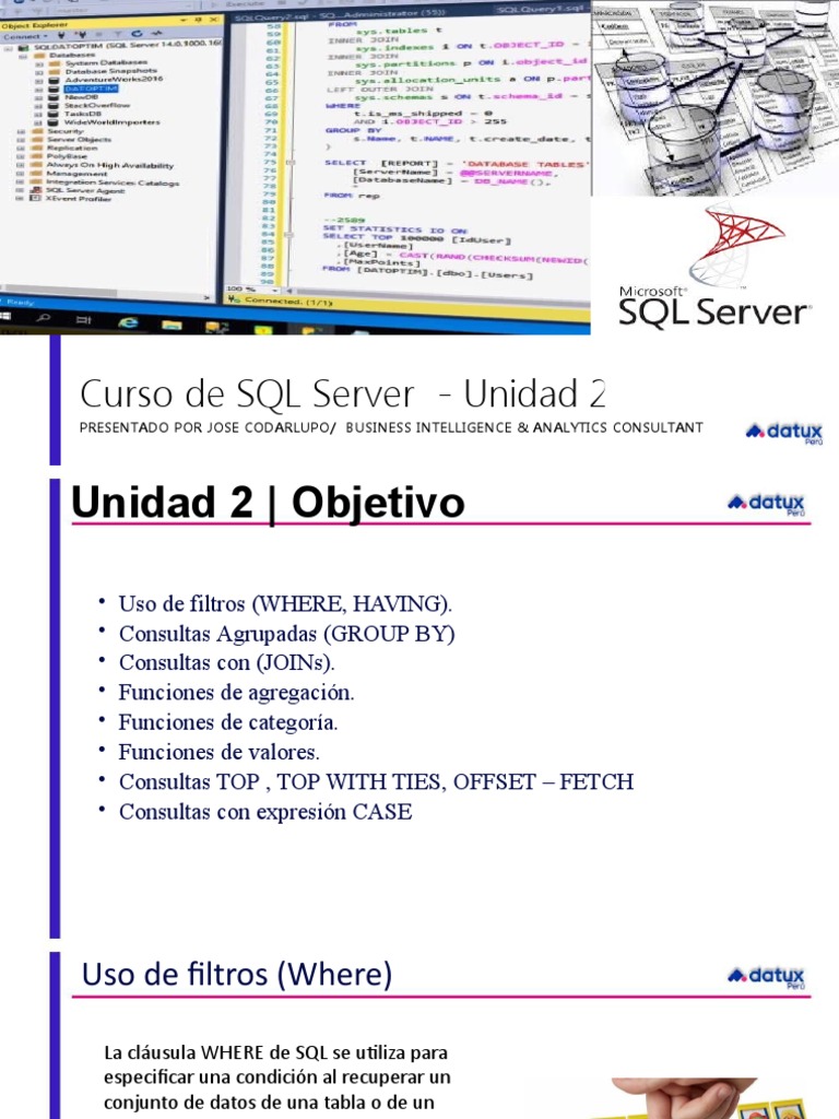 SQL Server Datux - Sesión 2 - 2022 | PDF | SQL | Gestión de datos