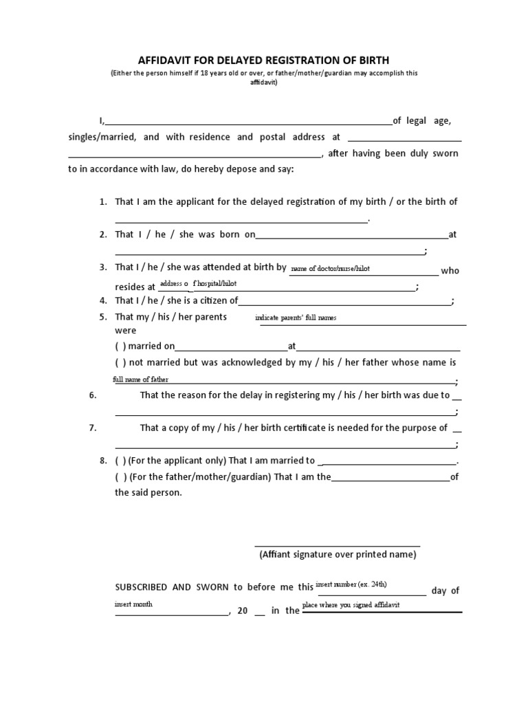 Affidavit for Delayed Birth Registration | PDF | Affidavit | Birth Certificate