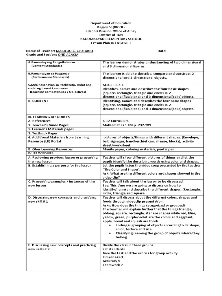 COT LESSON PLAN IN English1.docx Version 1 | PDF | Shape | Banana