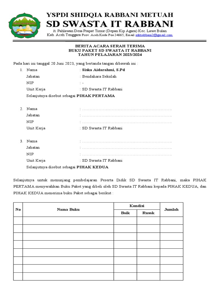 Berita Acara Serah Terima Buku Paket SD | PDF