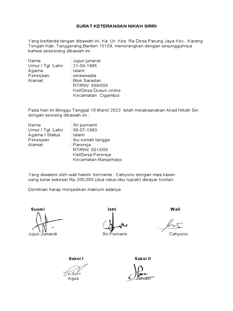 Surat Keterangan Nikah Sirri Sri | PDF