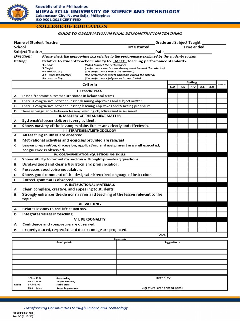 Final Demonstration Teaching Evaluation Guide | PDF | Teachers ...