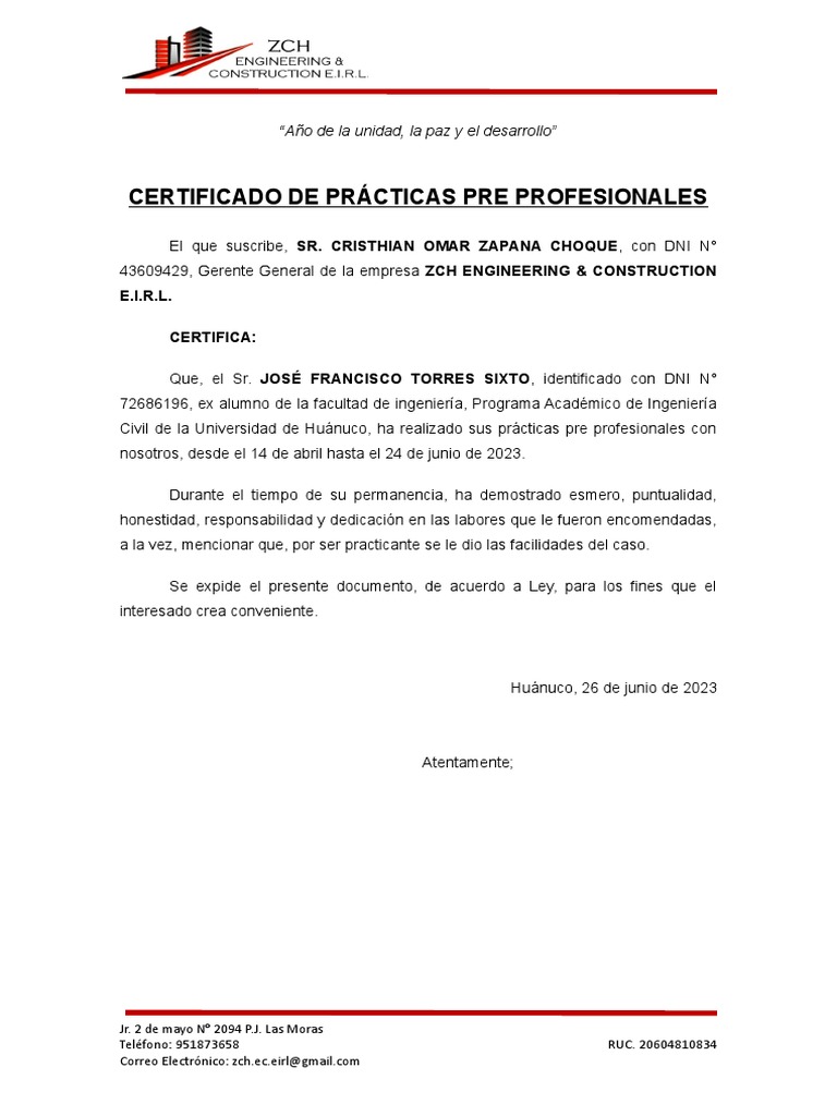 Certificado de Practicas Pre Profesionales | PDF