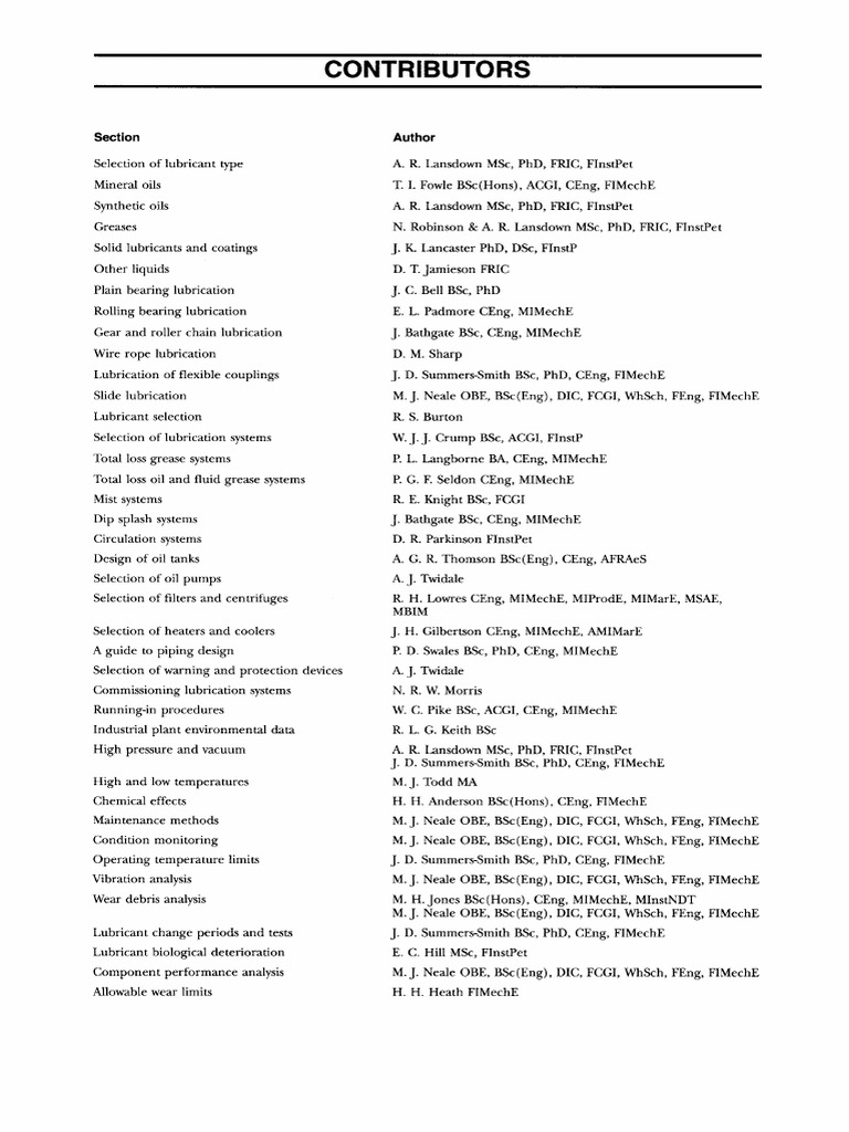 Contributors - 2001 - Lubrication and Reliability Handbook | PDF | Lubricant | Physical Sciences