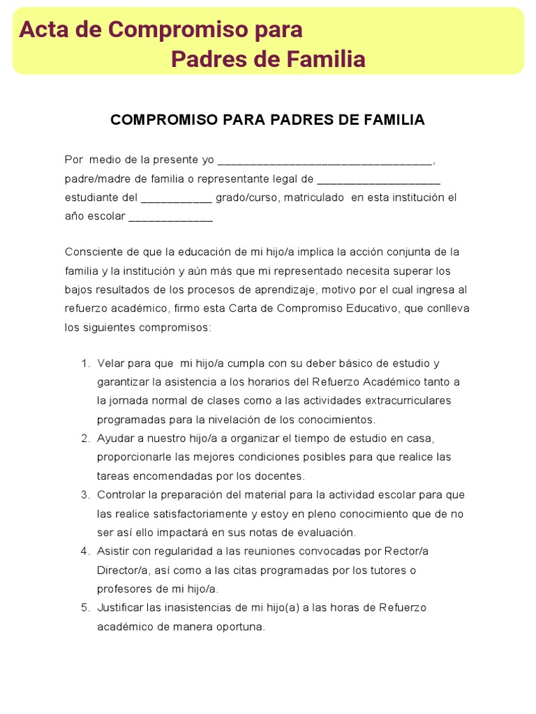 Modelo de Acta de Compromiso para Padres de Familia | PDF | Evaluación | Aprendizaje