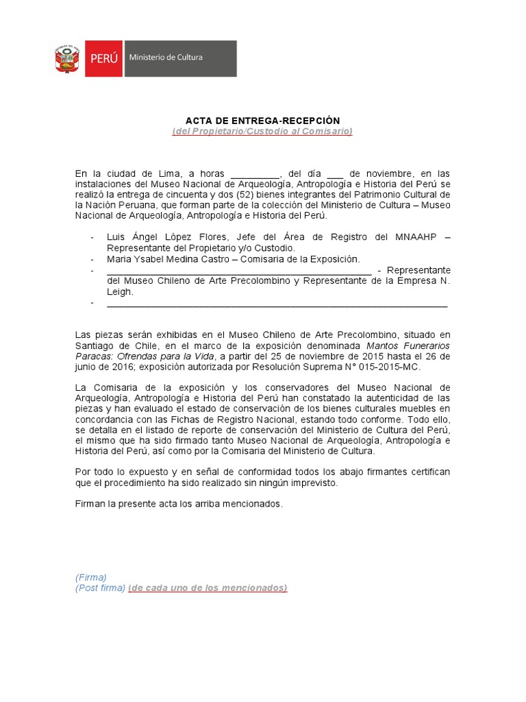 Formato - Acta de Entrega Recepción - 02-11-2015 | PDF | Perú | Museo
