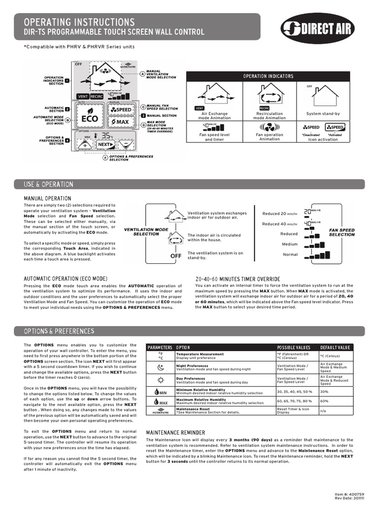 Manual Manuel Operation Direct Air Dir Ts 1409065929 | PDF ...