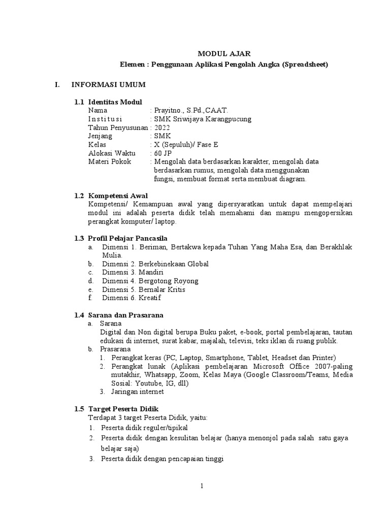 Modul Ajar Mengoperasikan Aplikasi Pengolah Angka-Spreadsheet | PDF