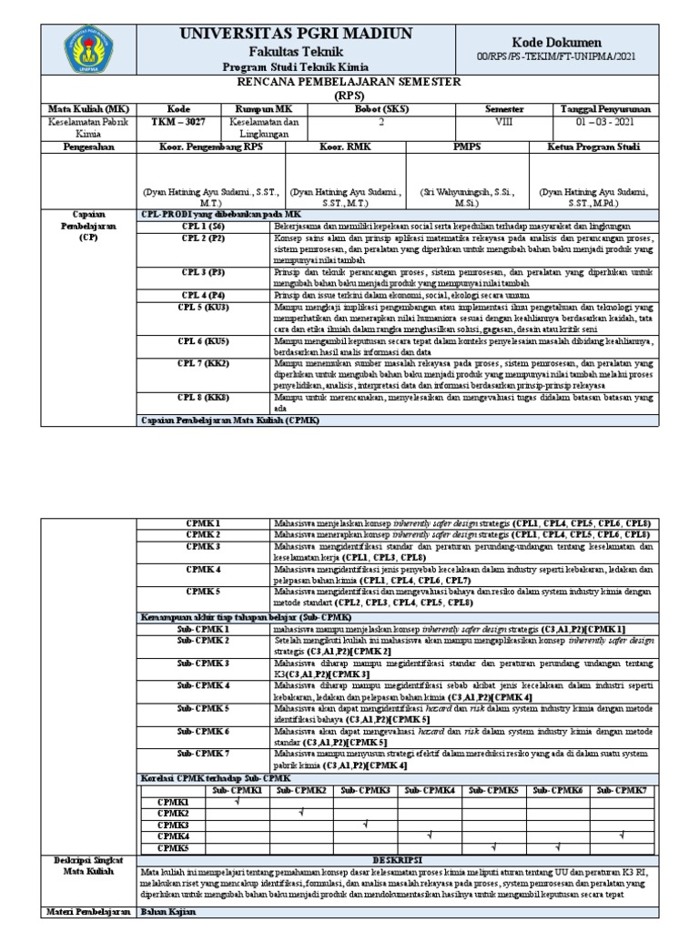 RPS Keselamatan Pabrik Kimia Genap 2021 | PDF