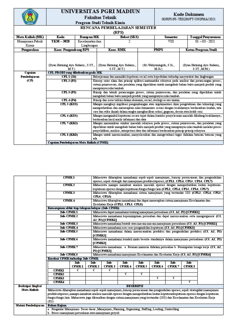 RPS Manajemen Pabrik Kimia Genap 2021 | PDF | Seni | Komputer