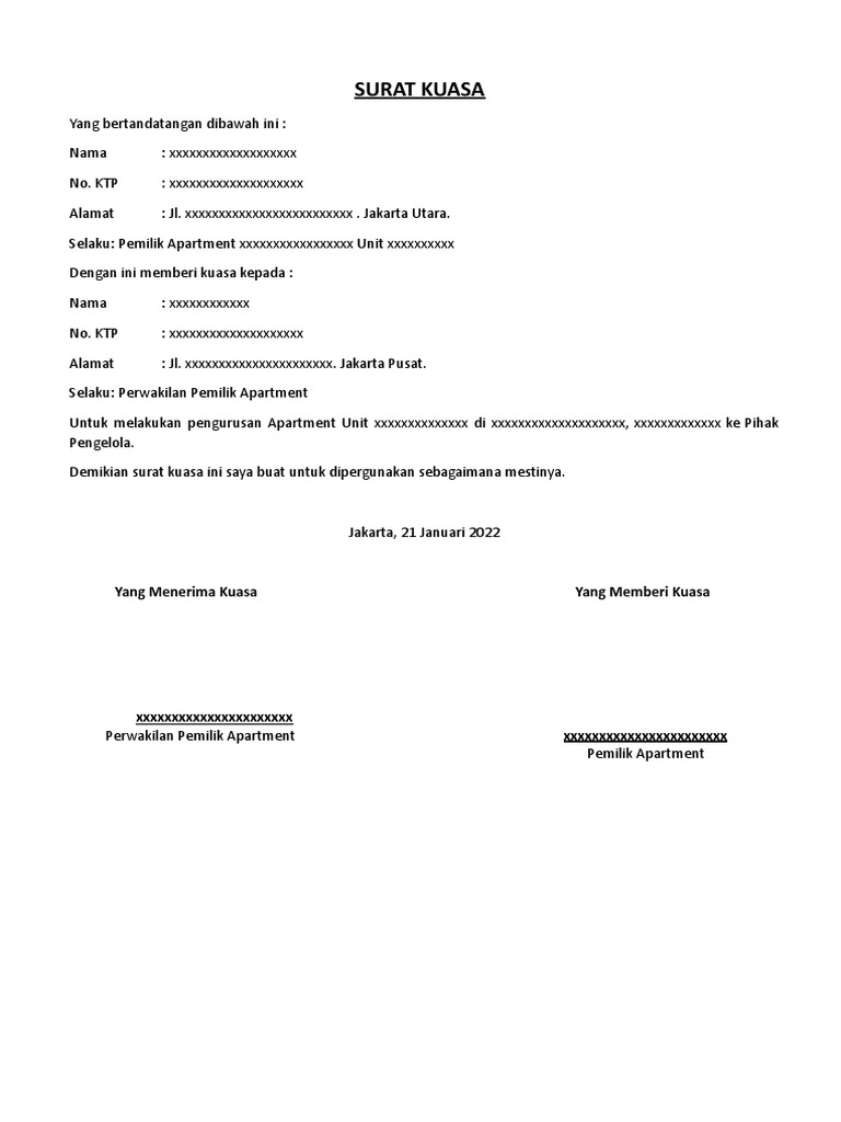 Surat Kuasa Pengurusan Apartemen FR | PDF