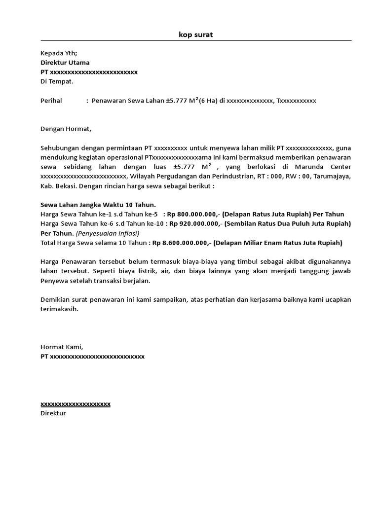 Draft Surat Penawaran Sewa Lahan | PDF