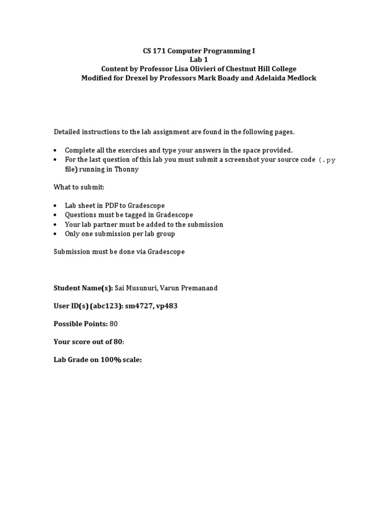 Lab 01 Cs171 Pdf String Computer Science Python Programming Language 