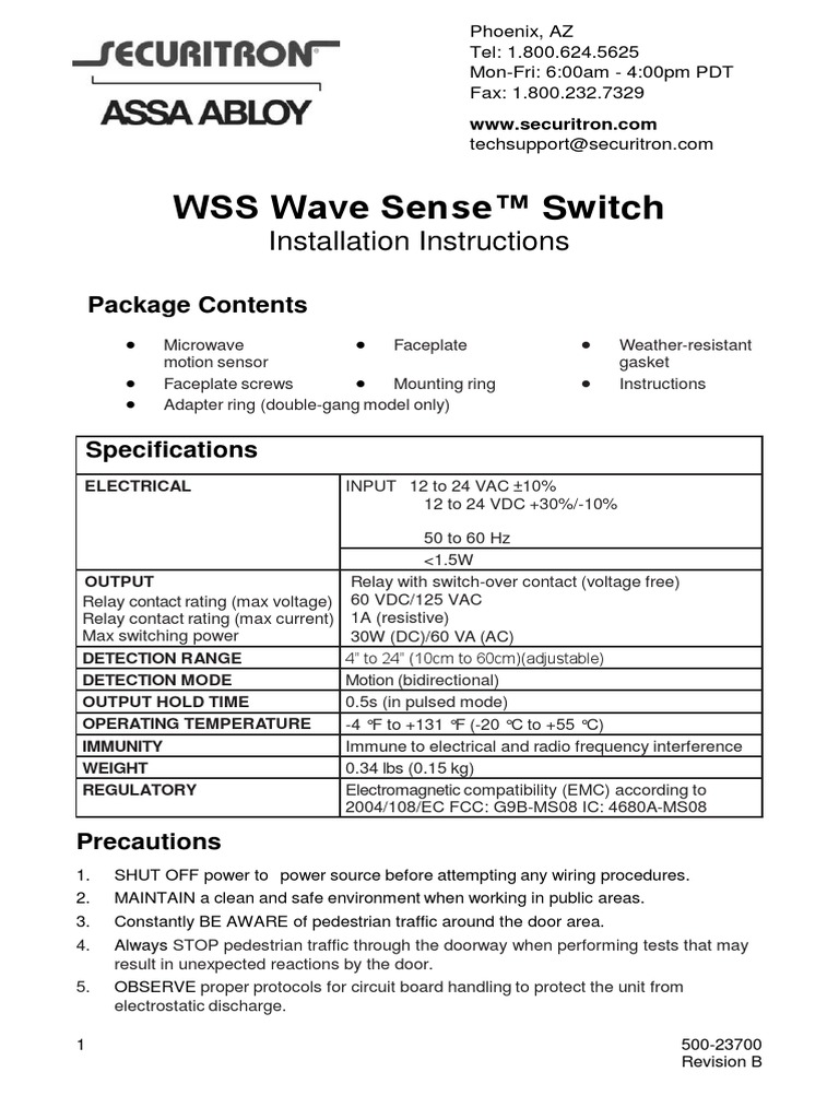 Securitron Wss Wave Sense | PDF | Relay | Switch
