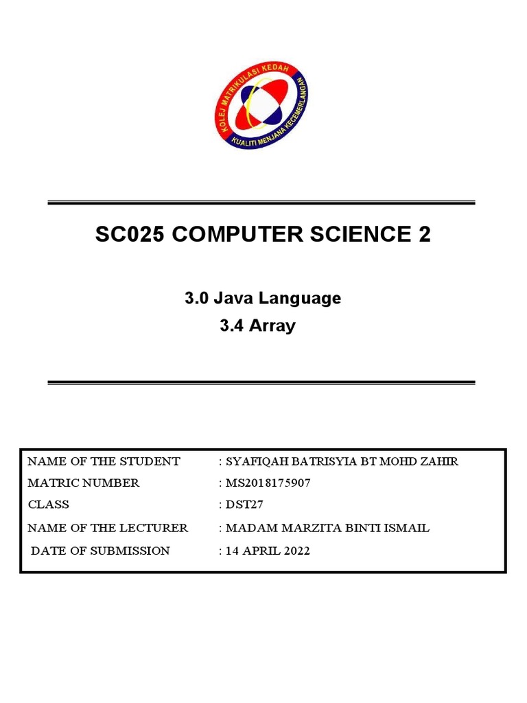 Assignment Array Syafiqah Batrisyia Pdf Computer Program Programming