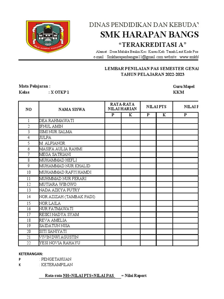 Form Nilai Raport Semester Genap TP 2022-2023 | PDF