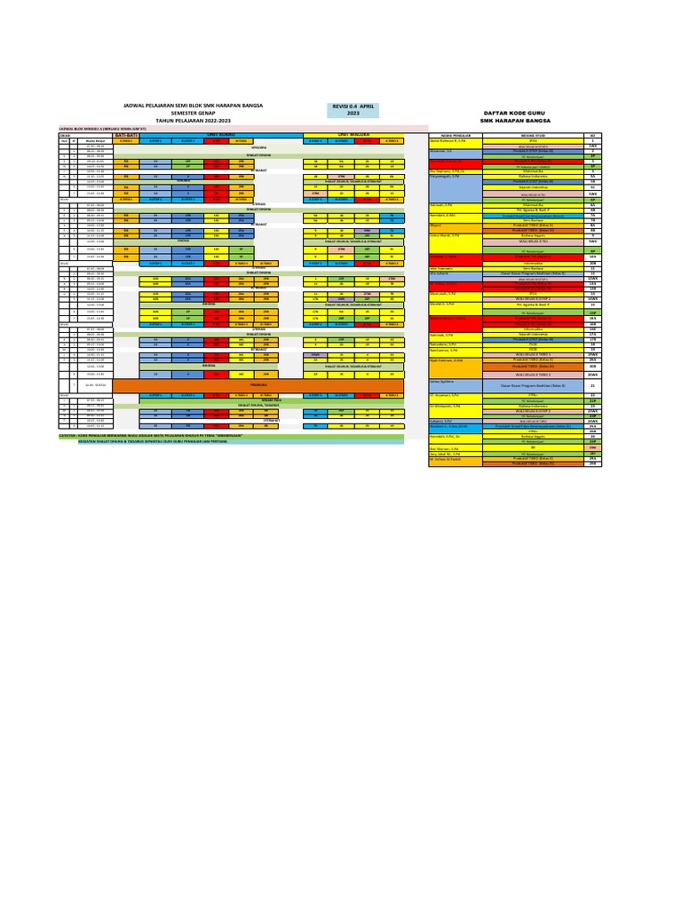 Jadwal Pelajaran Semi Blok Minggu A Semester Genap TP 2022-2023-P5 - Rev.04 April 2023 | PDF