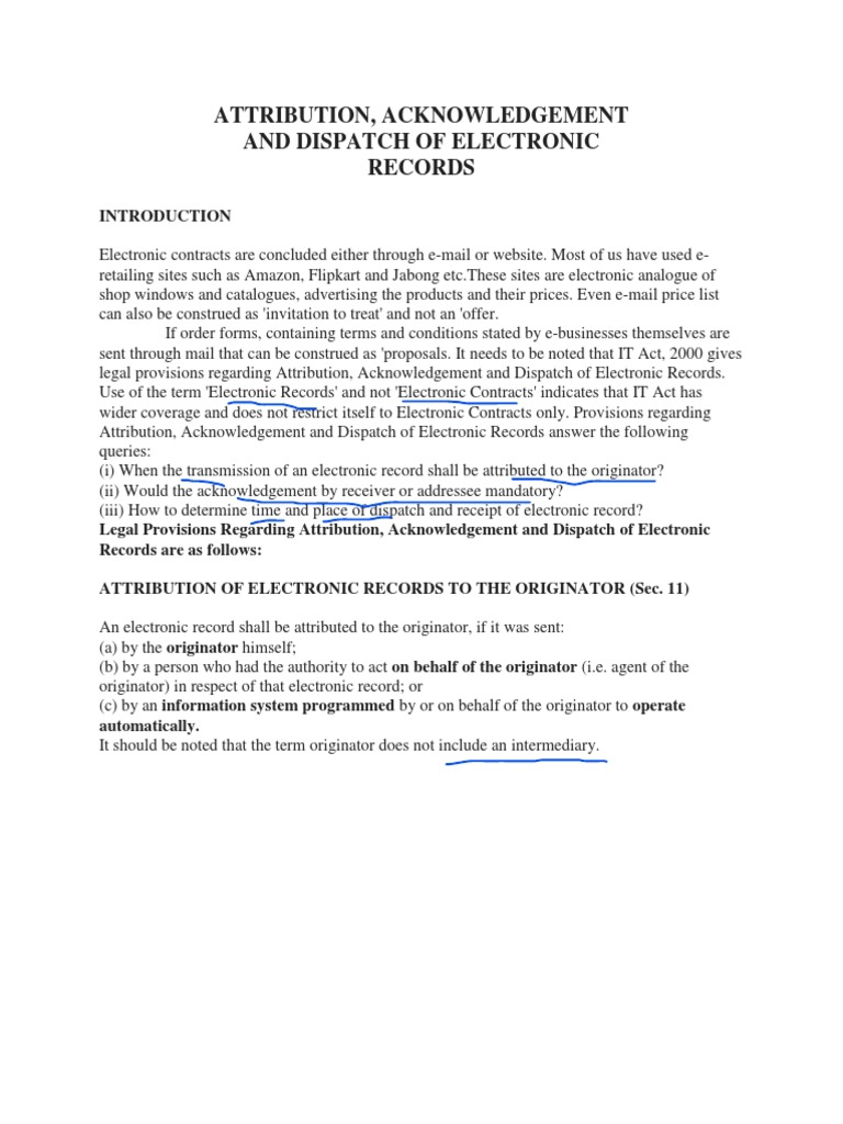 Attribution, Acknowledgement and Dispatch of Electronic Records | PDF | Signature | Offer And ...
