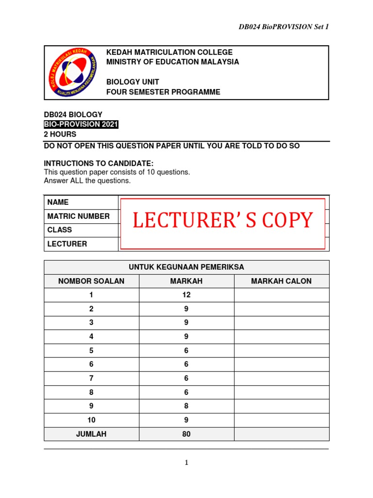 Bio PROVISION 1 - Answer | PDF | Active Site | Chemistry