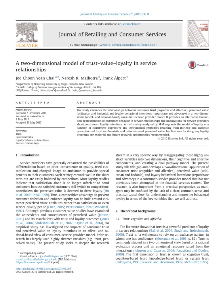 A Two-Dimensional Model of Trust-Value-Loyalty in Service Relationships ...
