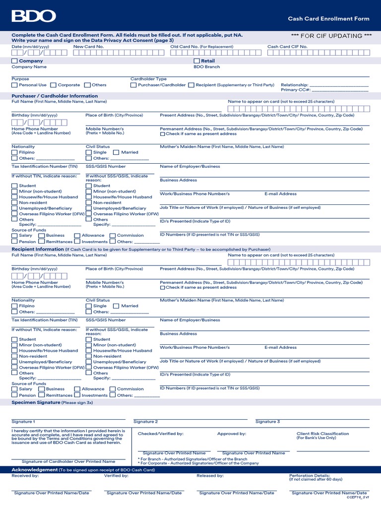 Cash Card Enrollment Form (CIF UPDATING) | Download Free PDF ...