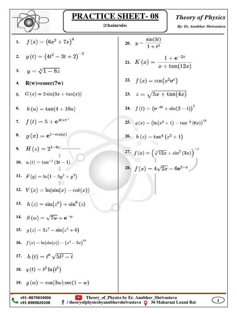 Chain Rule Practice Sheet Class 11 | PDF | Science & Mathematics
