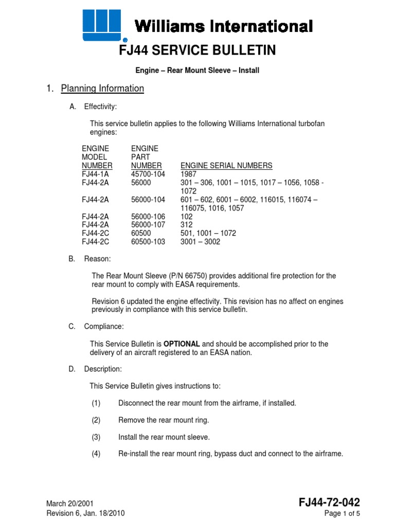 Fj44 Service Bulletin: 1. Planning Information | PDF | Transport | Aviation